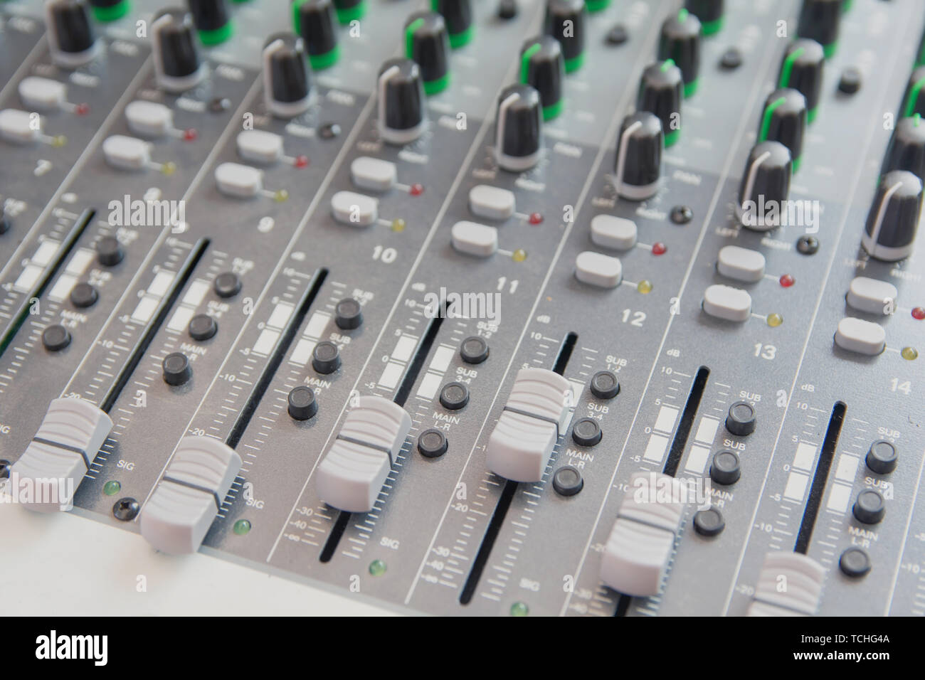 Audio sound mixer control panel. Sound console buttons for adjust the ...