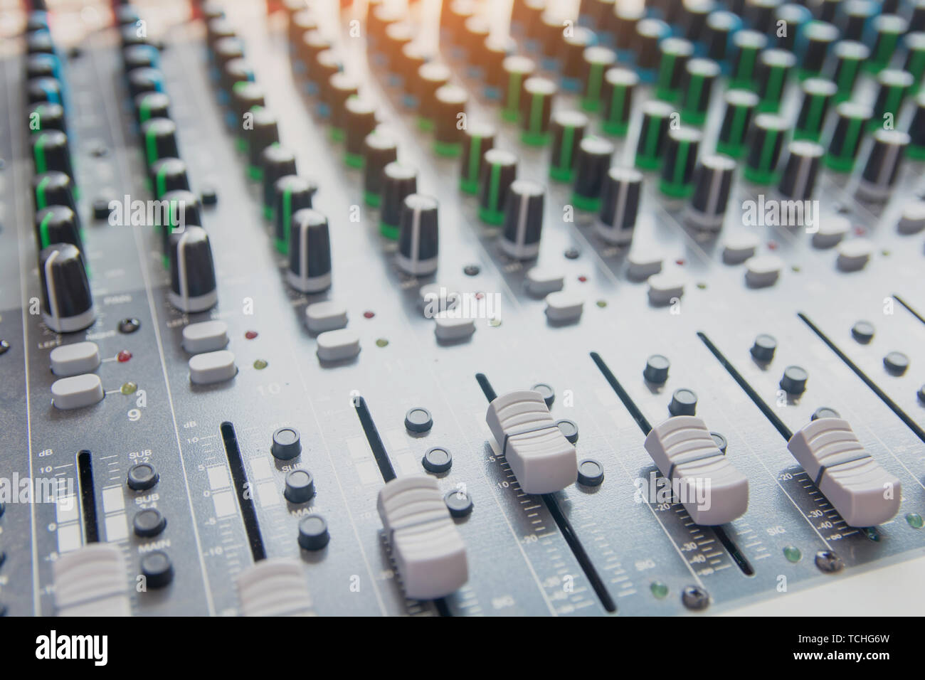 Audio sound mixer control panel. Sound console buttons for adjust the ...