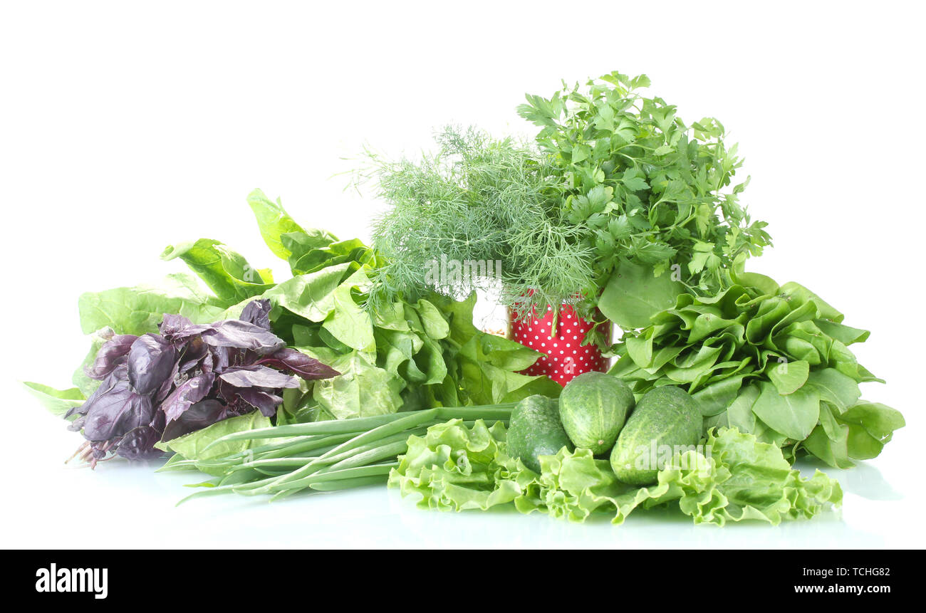 The composition of the various herbs and vegetables isolsted on white ...