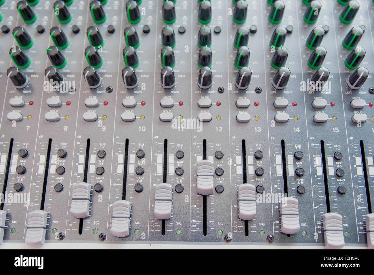 Audio sound mixer control panel top view. Sound console buttons for ...