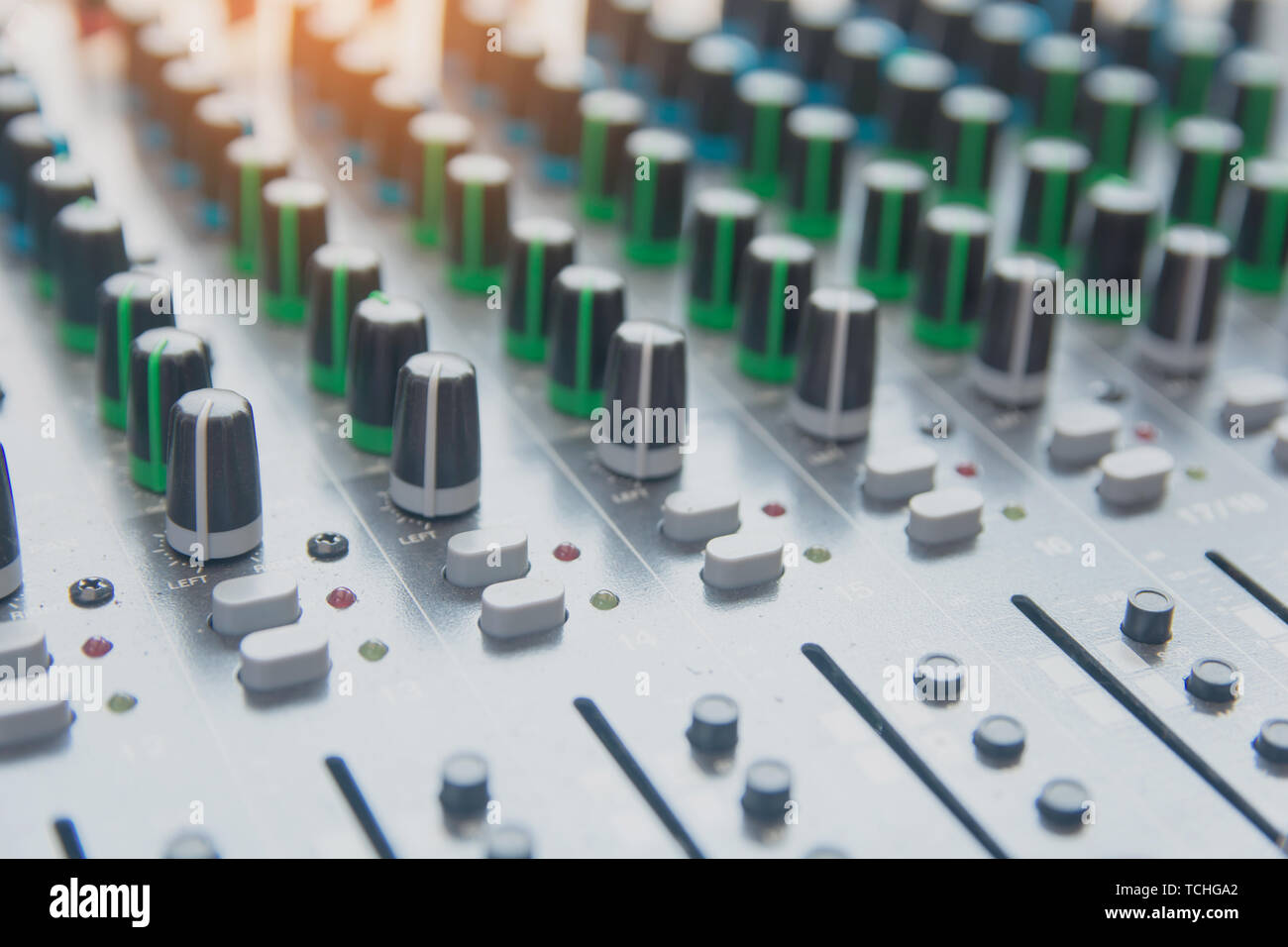 Audio sound mixer control panel. Sound console buttons for adjust the ...