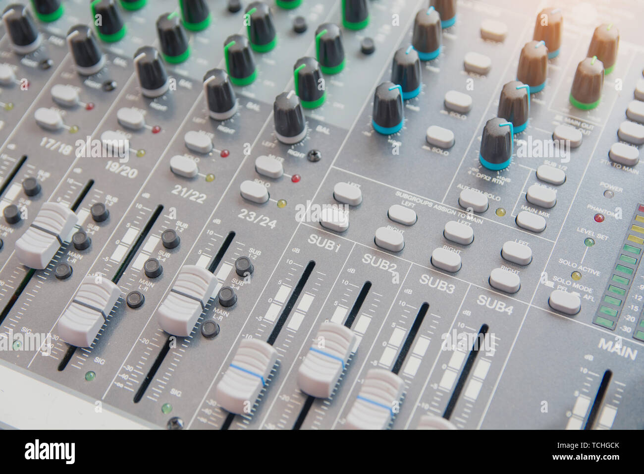 Audio sound mixer control panel. Sound console buttons for adjust the ...