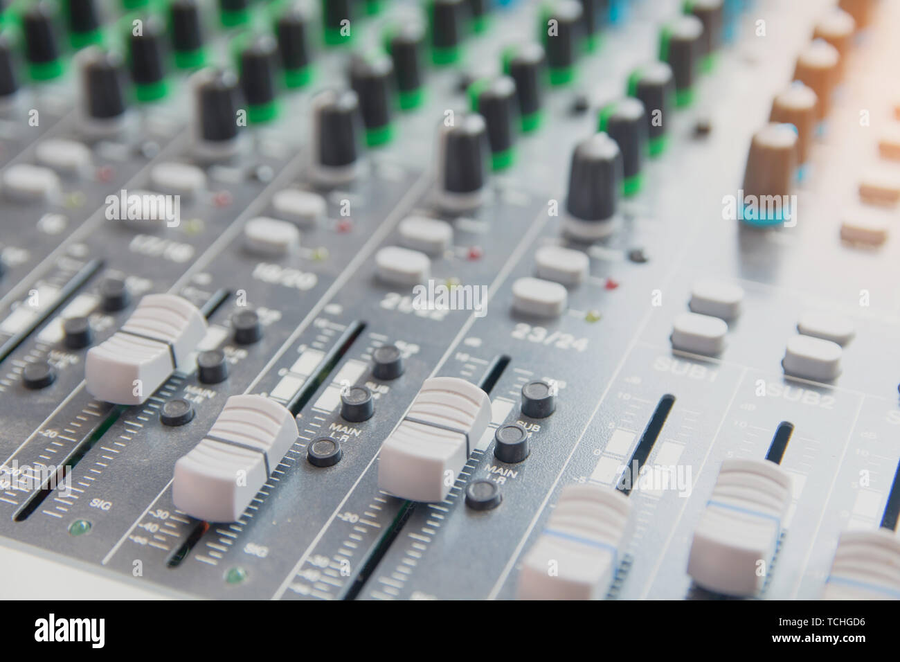 Audio sound mixer control panel. Sound console buttons for adjust the ...