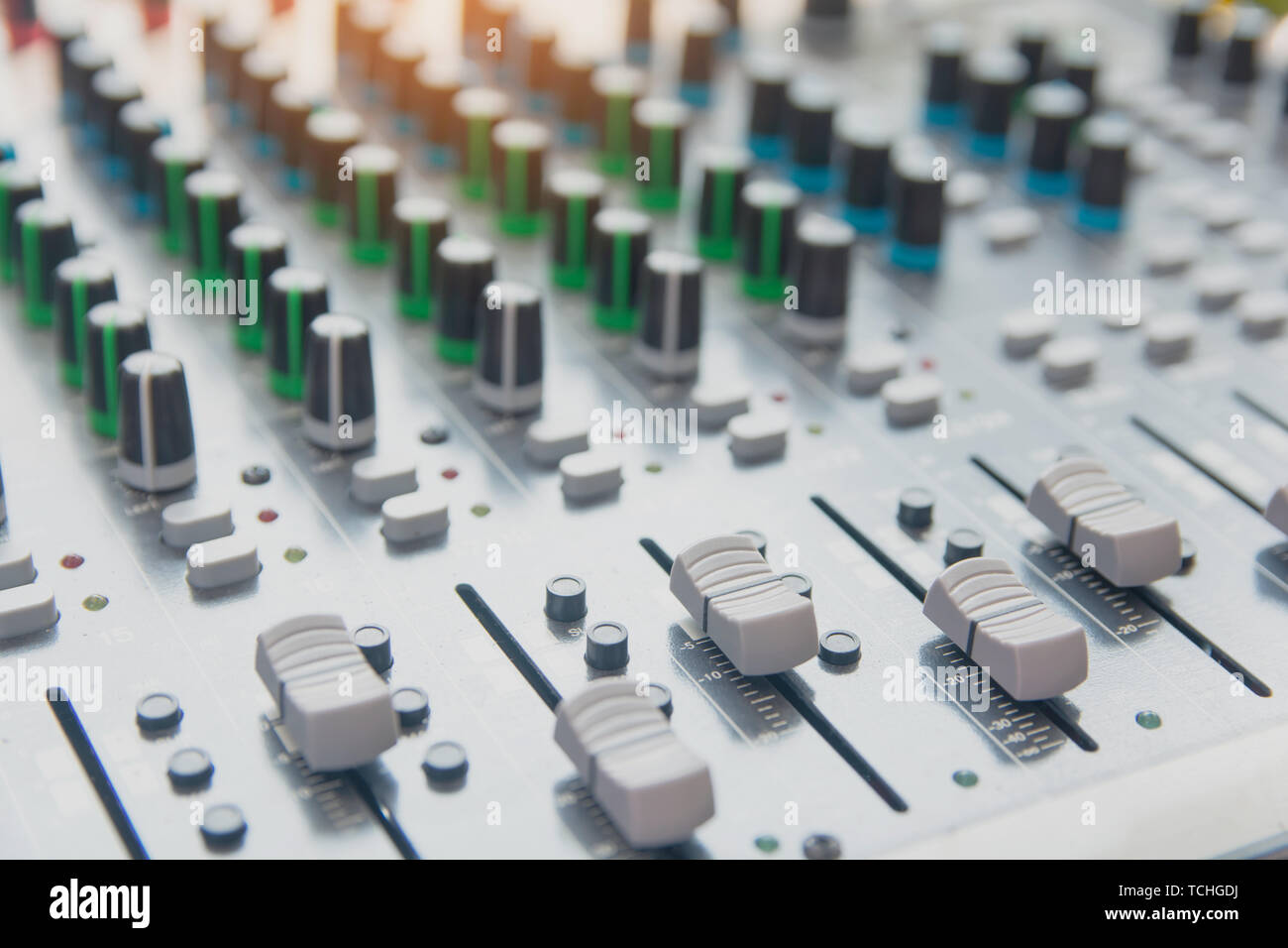 Audio sound mixer control panel. Sound console buttons for adjust the ...