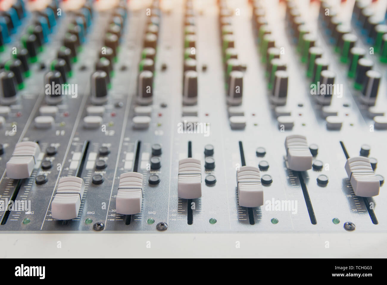 Audio sound mixer control panel. Sound console buttons for adjust the ...