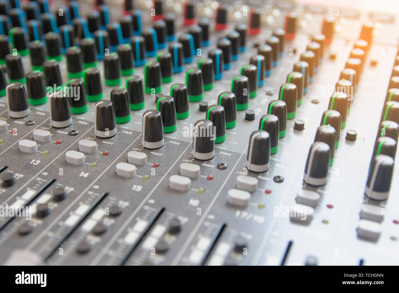 Audio sound mixer control panel. Sound console buttons for adjust the ...