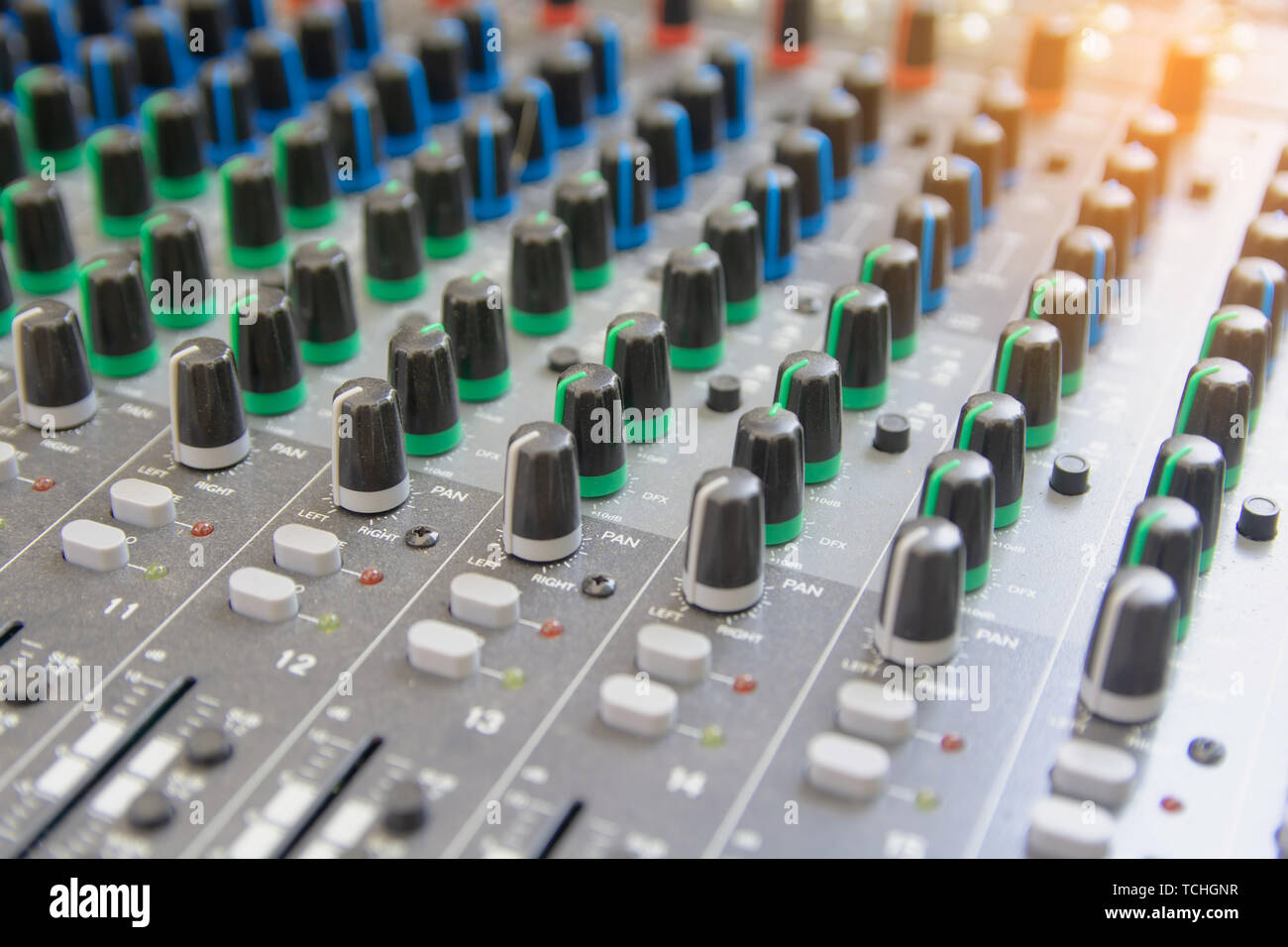 Audio sound mixer control panel. Sound console buttons for adjust the ...