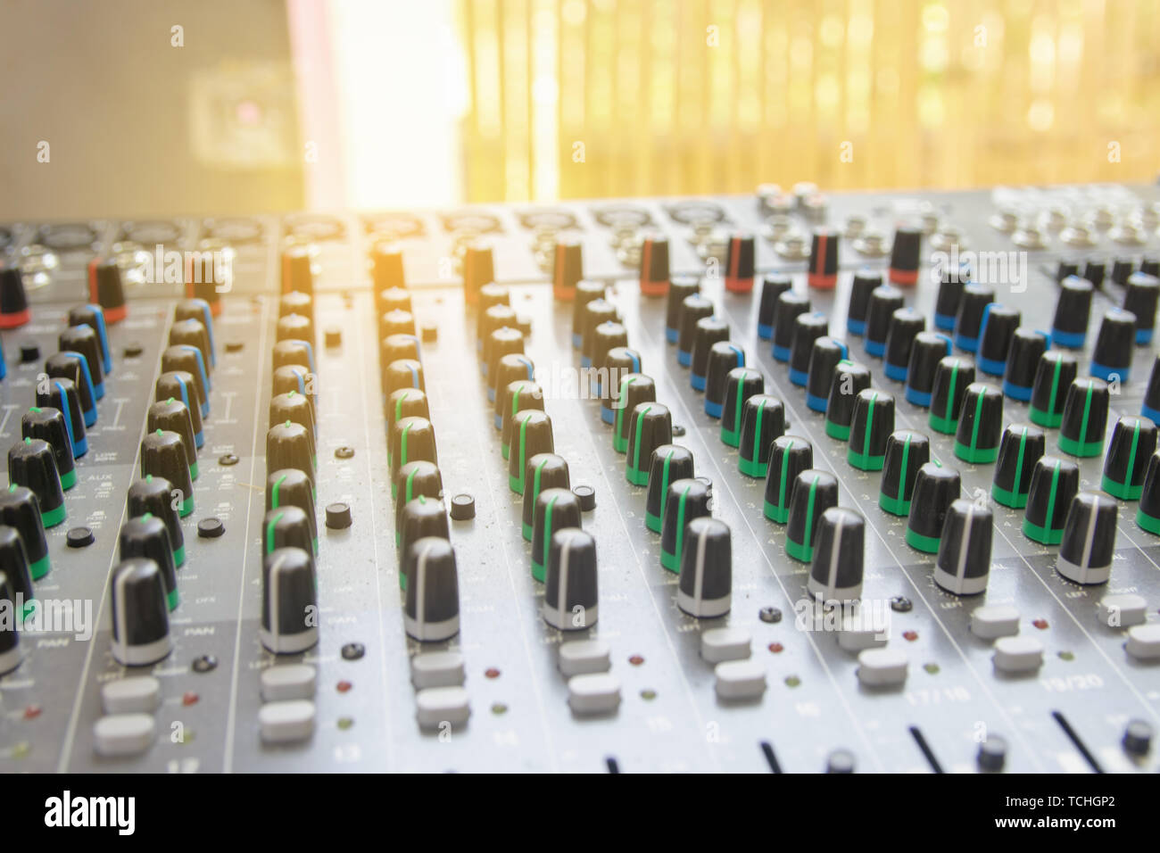 Audio sound mixer control panel. Sound console buttons for adjust the ...