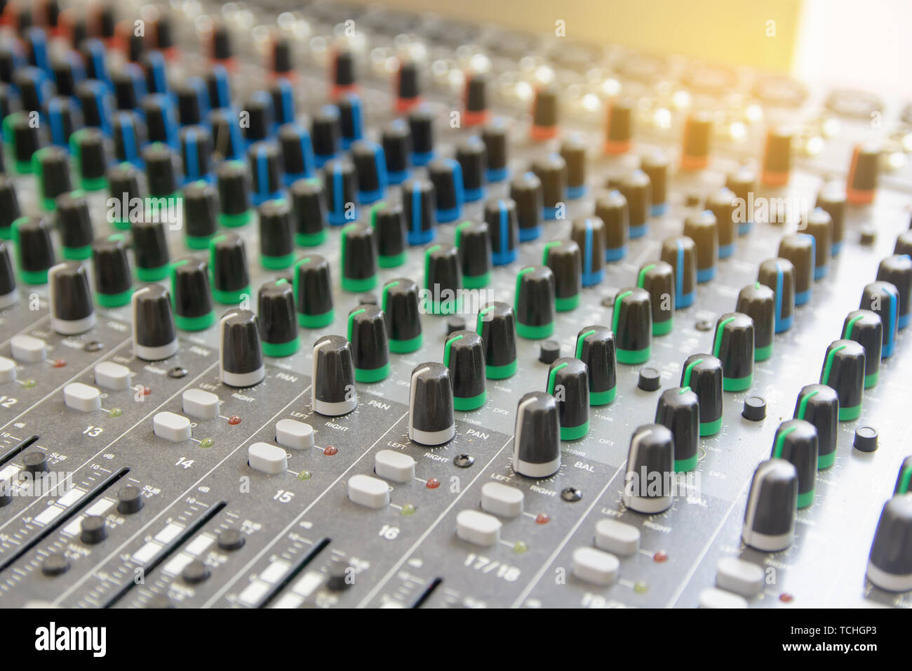 Audio sound mixer control panel. Sound console buttons for adjust the ...