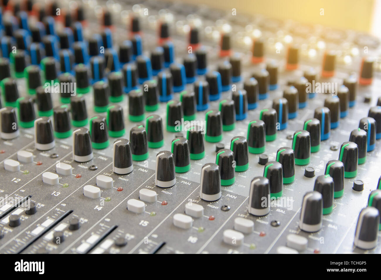 Audio sound mixer control panel. Sound console buttons for adjust the ...