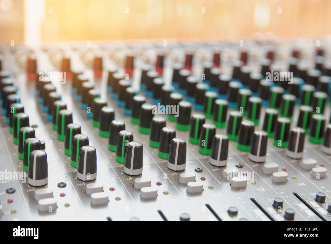 Audio sound mixer control panel. Sound console buttons for adjust the ...