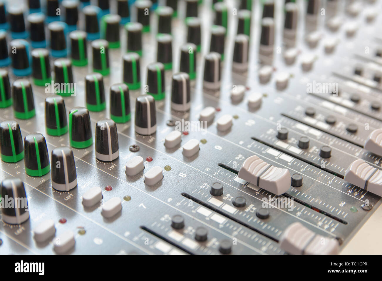 Audio sound mixer control panel. Sound console buttons for adjust the ...