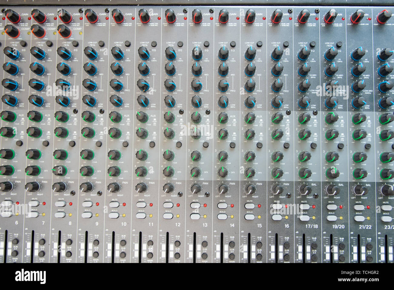 Audio sound mixer control panel top view. Sound console buttons for ...
