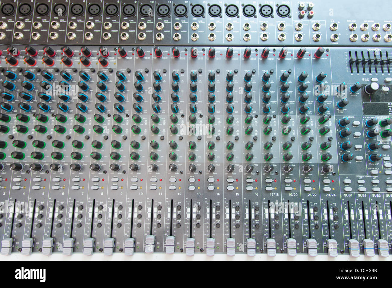 Audio sound mixer control panel top view. Sound console buttons for ...