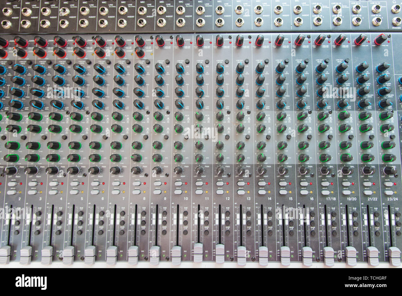 Audio sound mixer control panel top view. Sound console buttons for ...