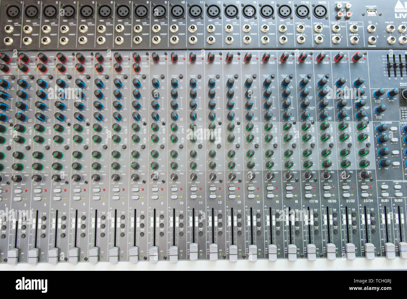Audio sound mixer control panel top view. Sound console buttons for ...