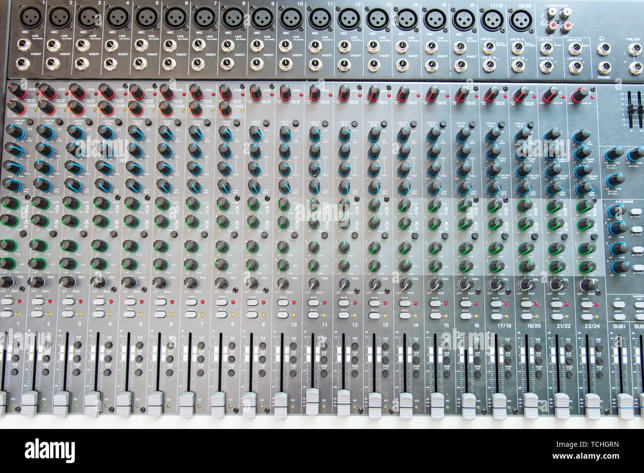 Audio sound mixer control panel top view. Sound console buttons for ...