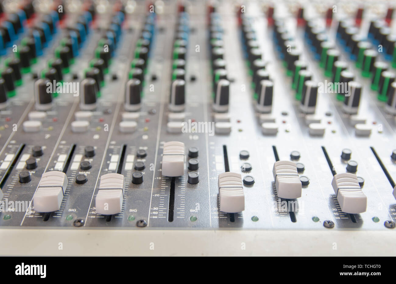 Audio sound mixer control panel. Sound console buttons for adjust the ...