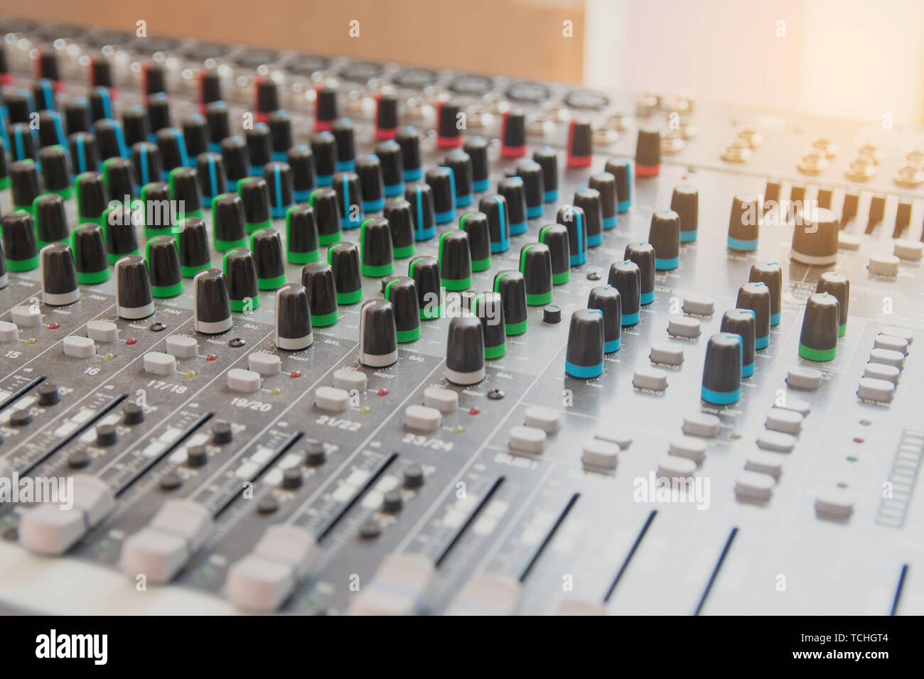 Audio sound mixer control panel. Sound console buttons for adjust the ...