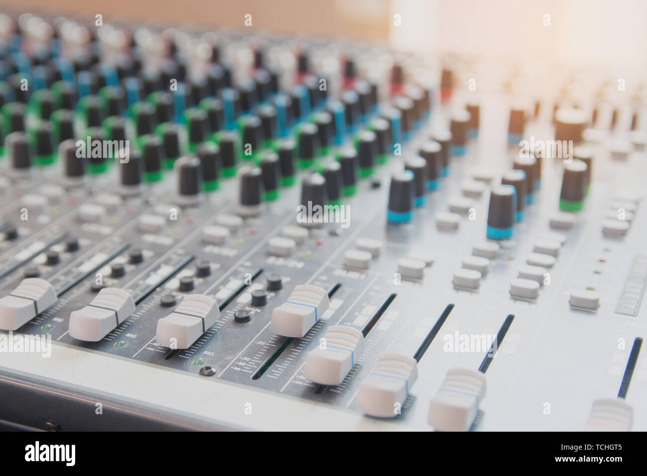 Audio sound mixer control panel. Sound console buttons for adjust the ...