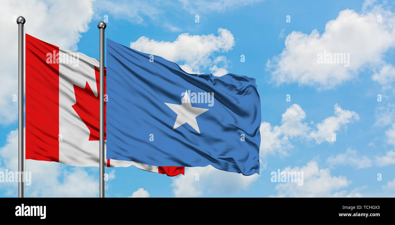 Canada and Somalia flag waving in the wind against white cloudy blue ...