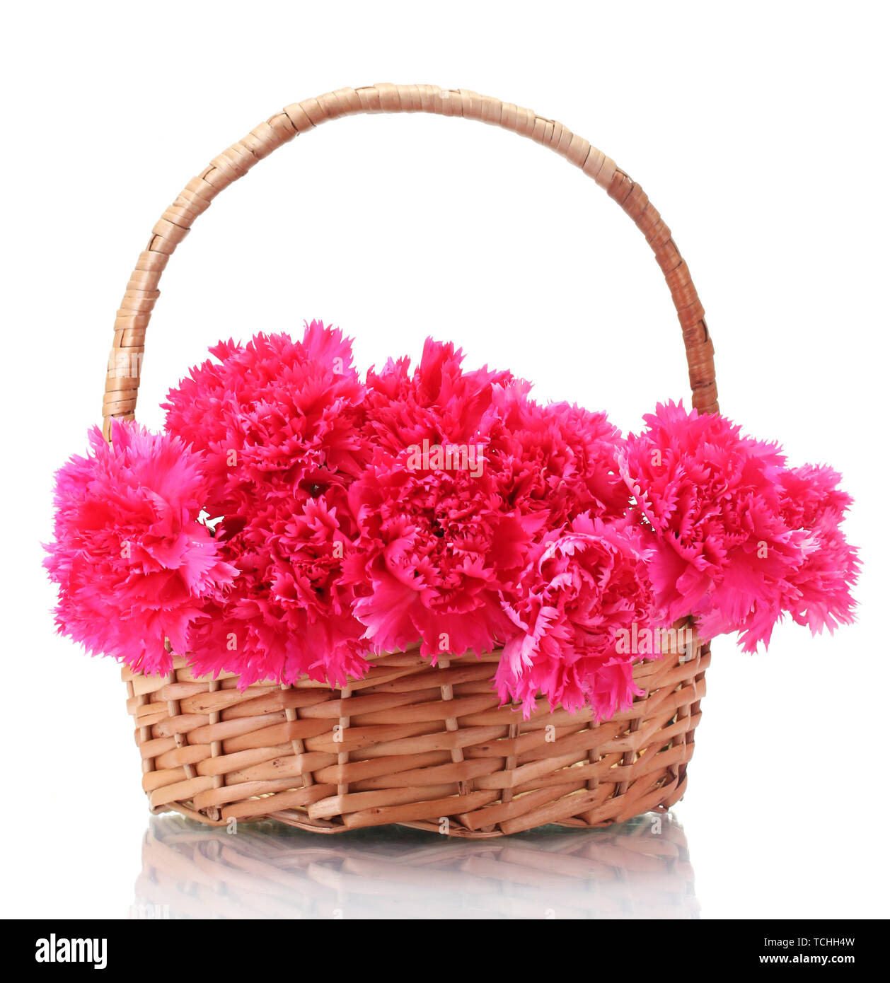 Beautiful pink carnations in basket isolated on white Stock Photo - Alamy