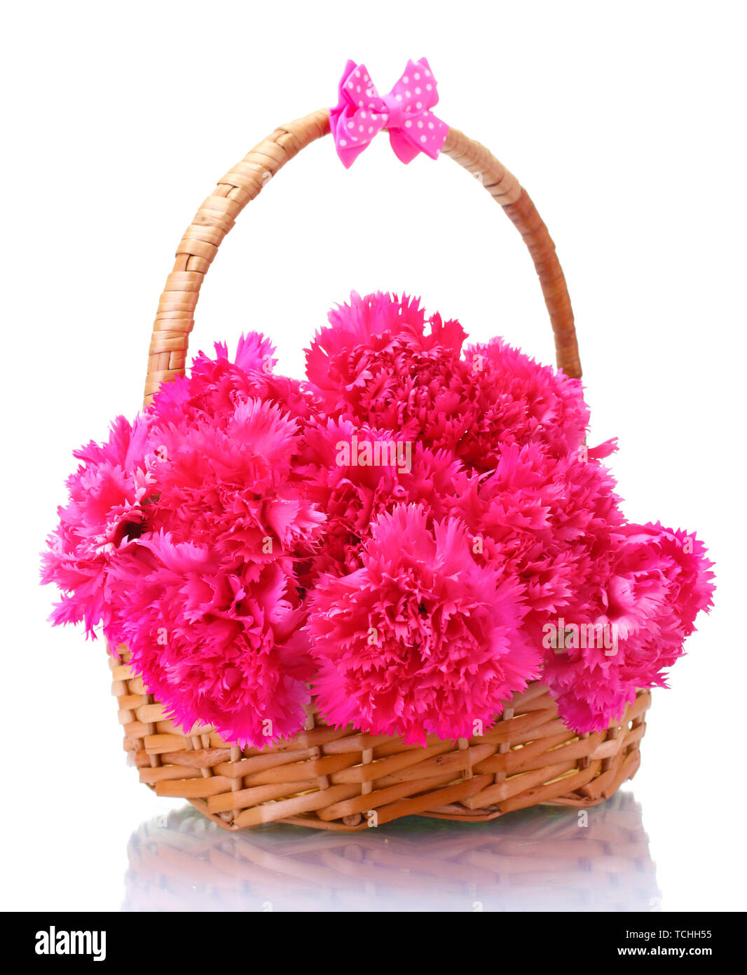 Beautiful pink carnations in basket isolated on white Stock Photo - Alamy