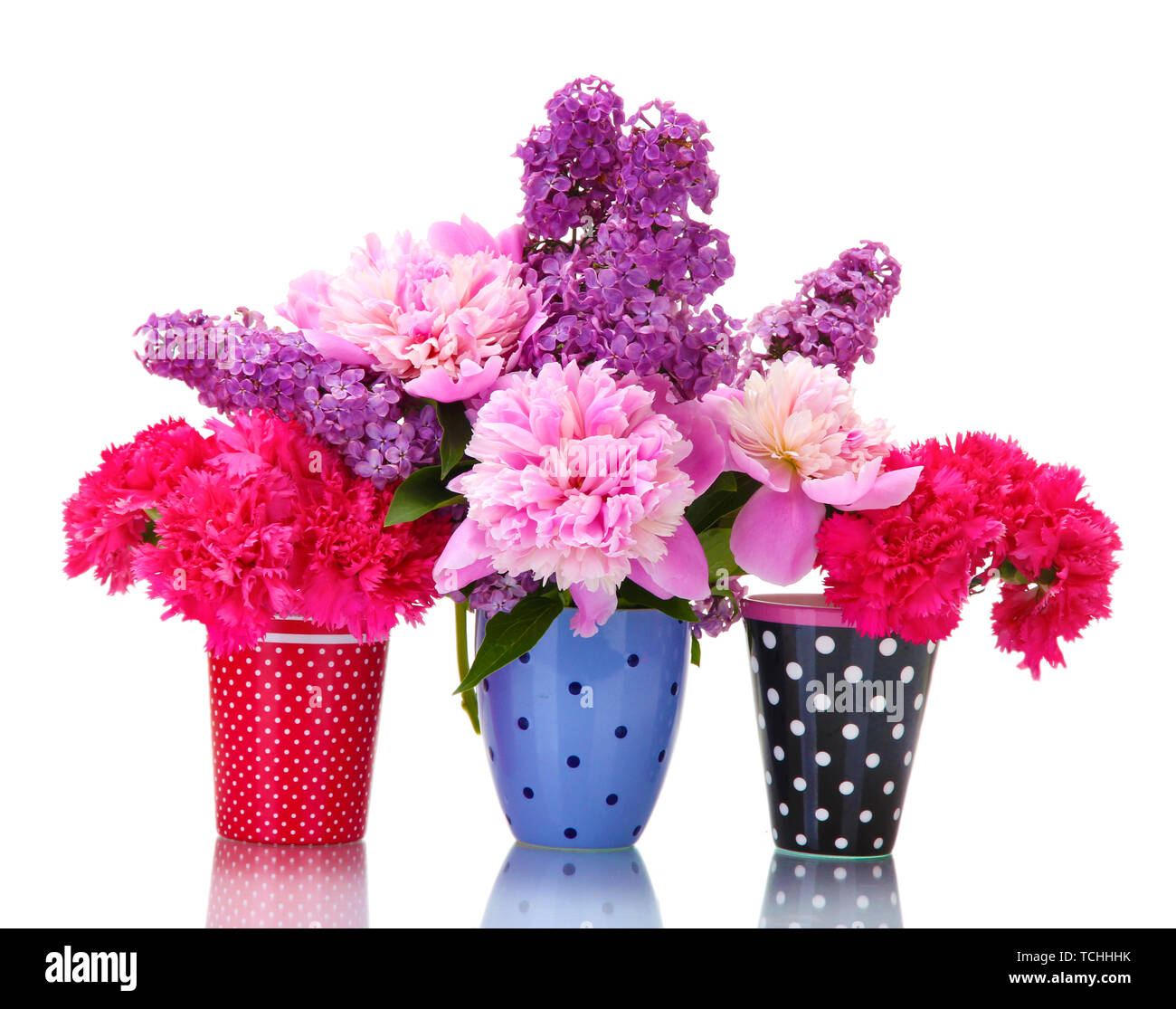 beautiful spring flowers in cups isolated on white Stock Photo - Alamy