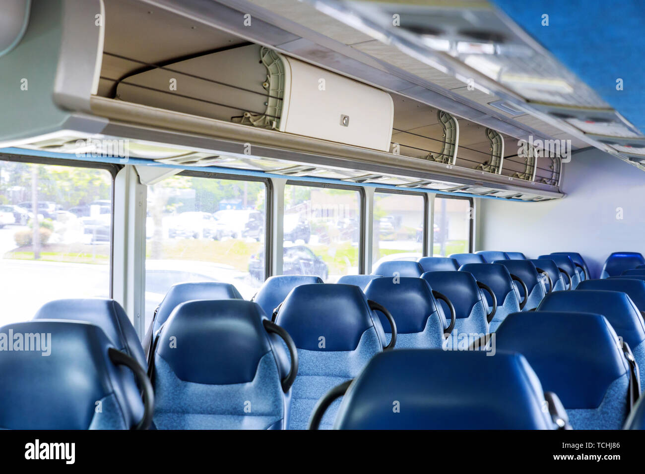 Empty bus interior, no people transport travel road trip is ready for ...