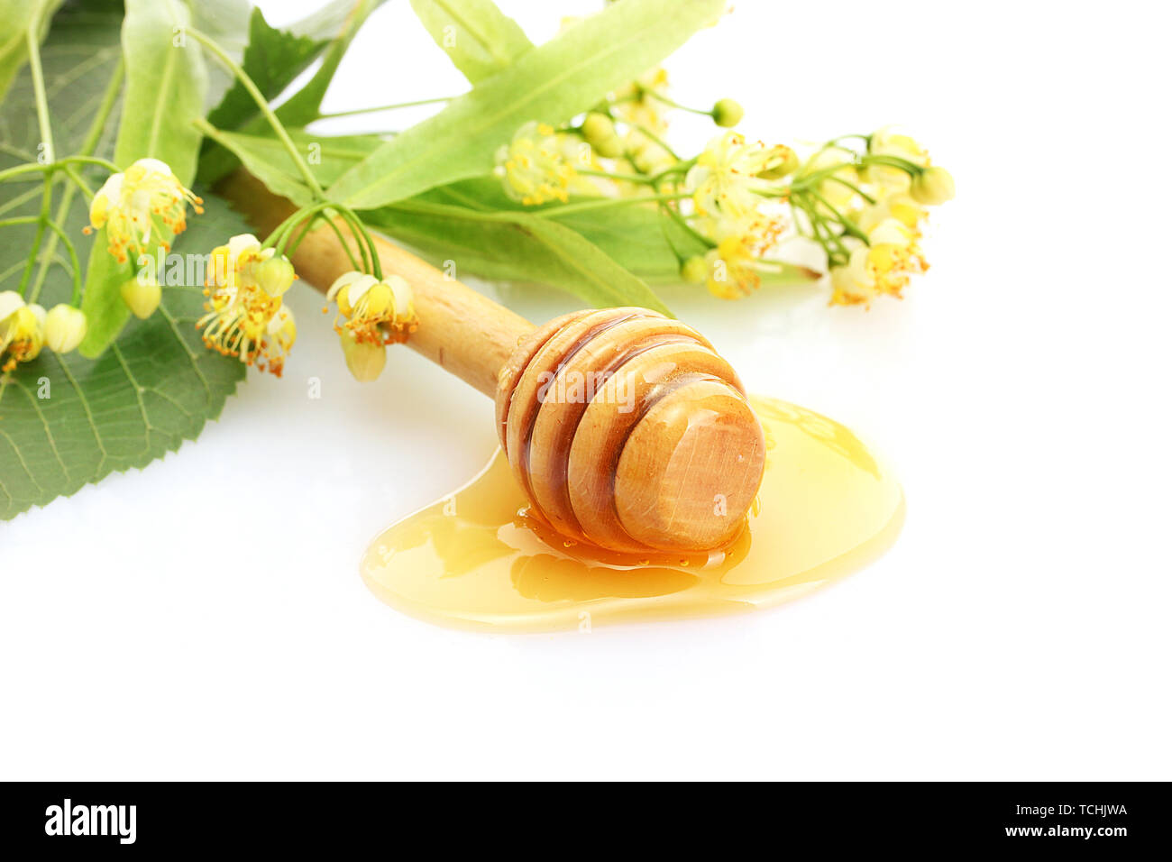 drizzler with sweet honey and linden flowers isolated on white Stock ...