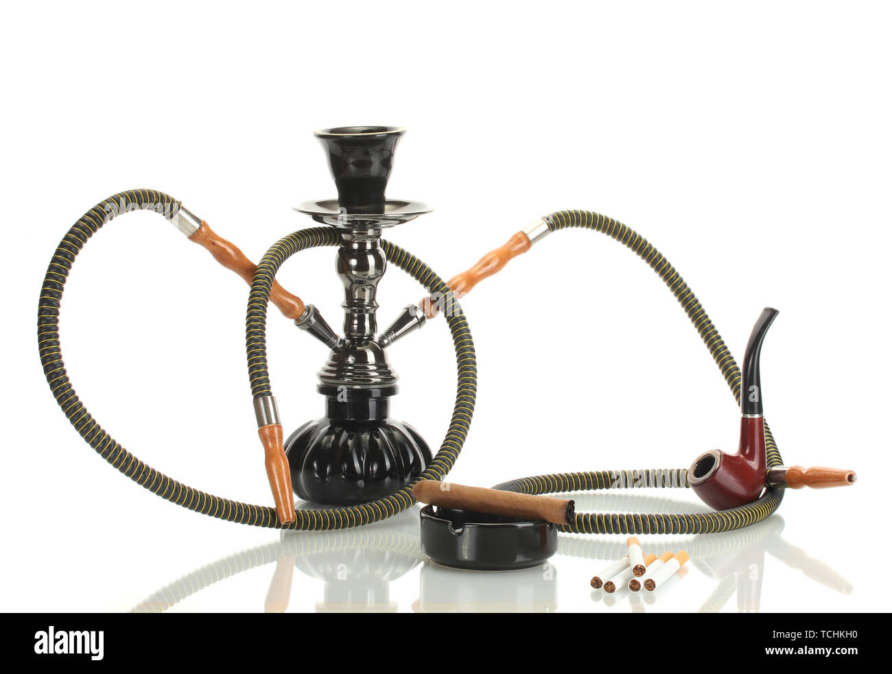 Smoking tools - a hookah, cigar, cigarette and pipe isolated on white ...