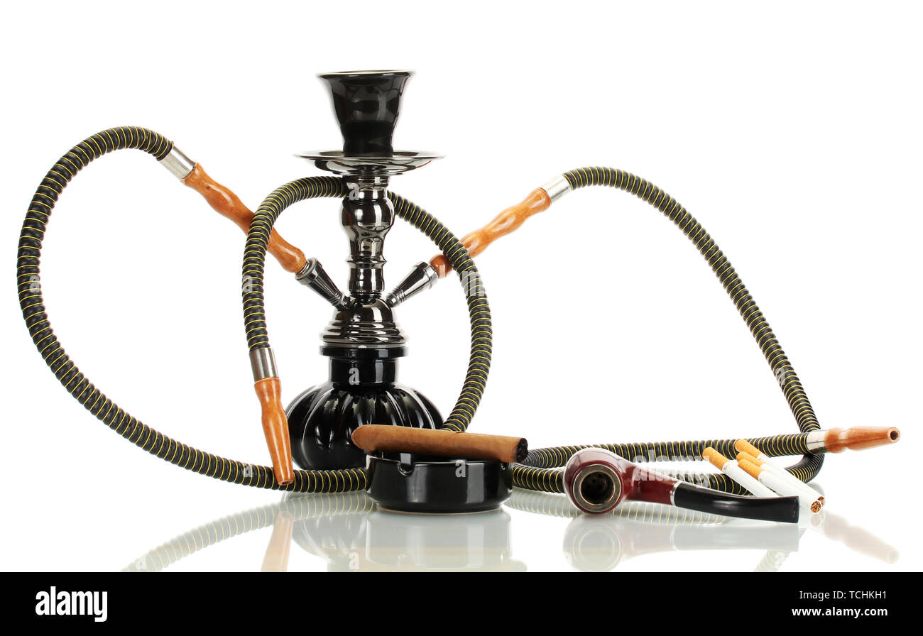 Smoking tools - a hookah, cigar, cigarette and pipe isolated on white ...