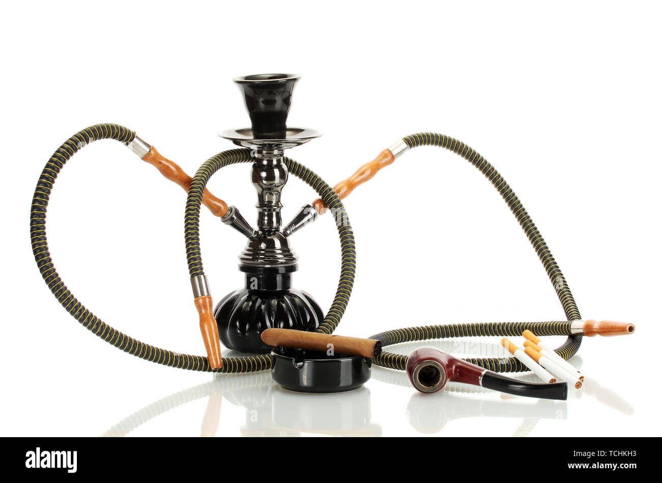 Smoking tools - a hookah, cigar, cigarette and pipe isolated on white ...