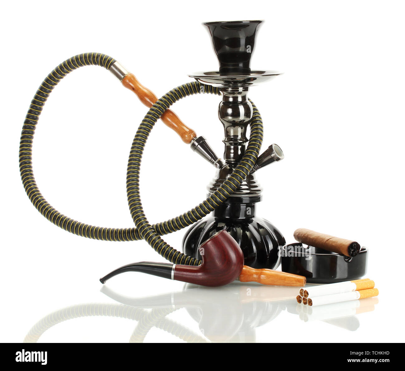 Smoking tools - a hookah, cigar, cigarette and pipe isolated on white ...