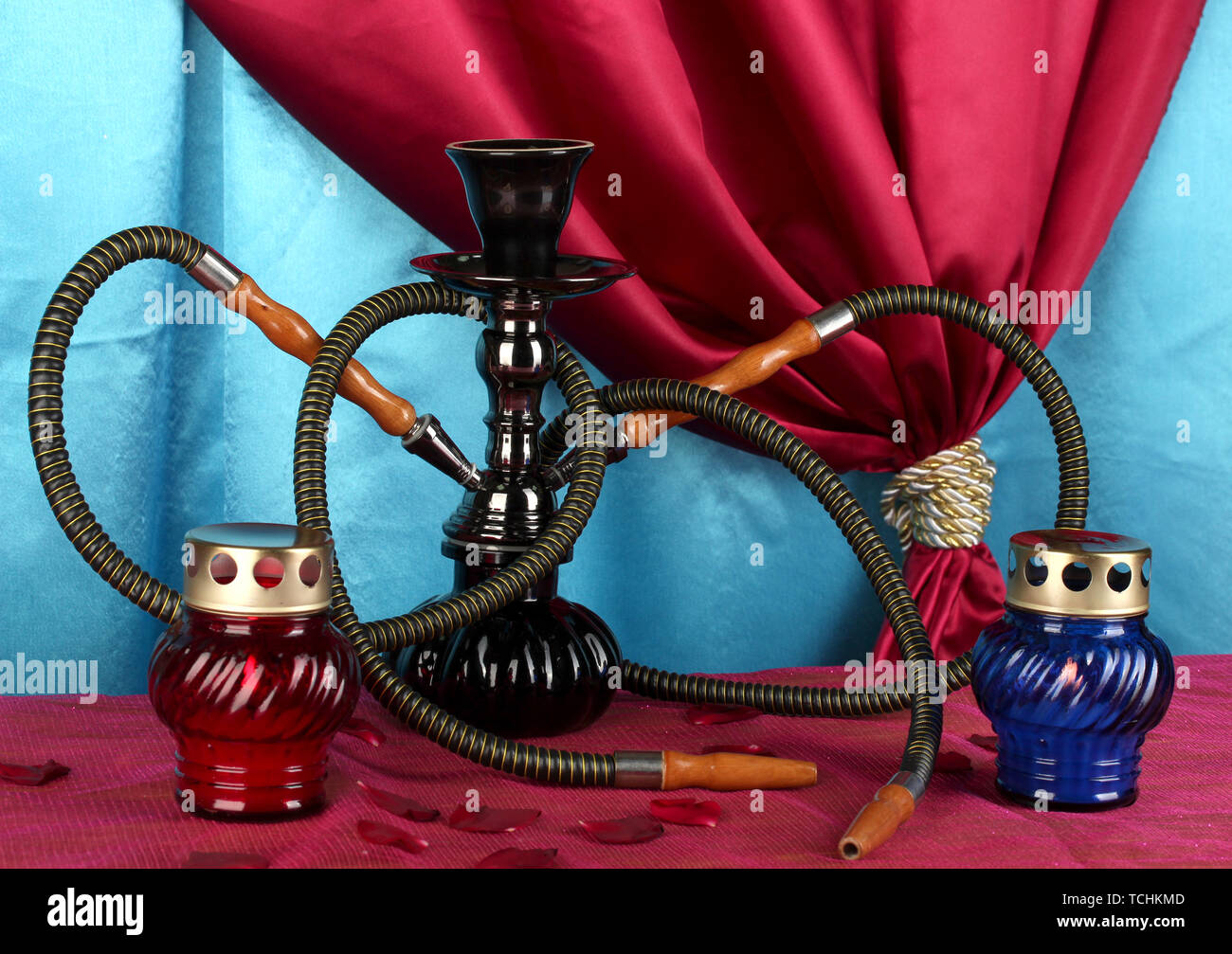 hookah on a wooden table on a background of curtain close-up Stock ...