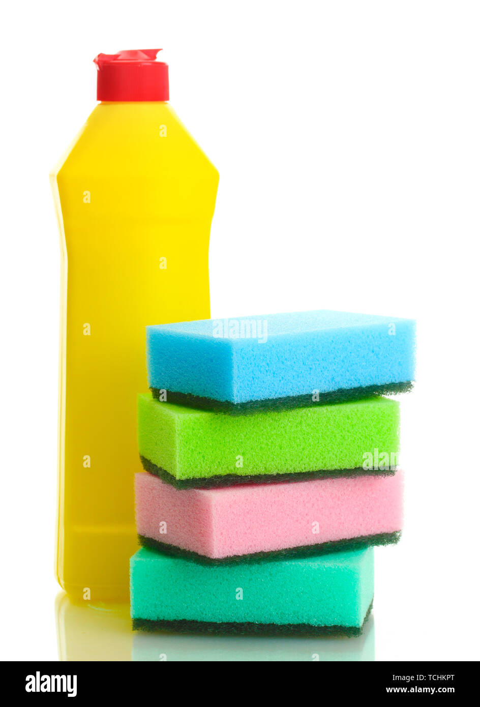 Dishwashing liquid and sponges isolated on white Stock Photo - Alamy