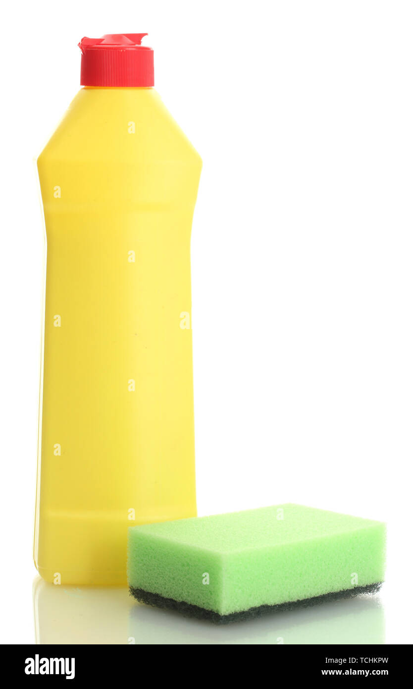 Dishwashing liquid and sponge isolated on white Stock Photo - Alamy