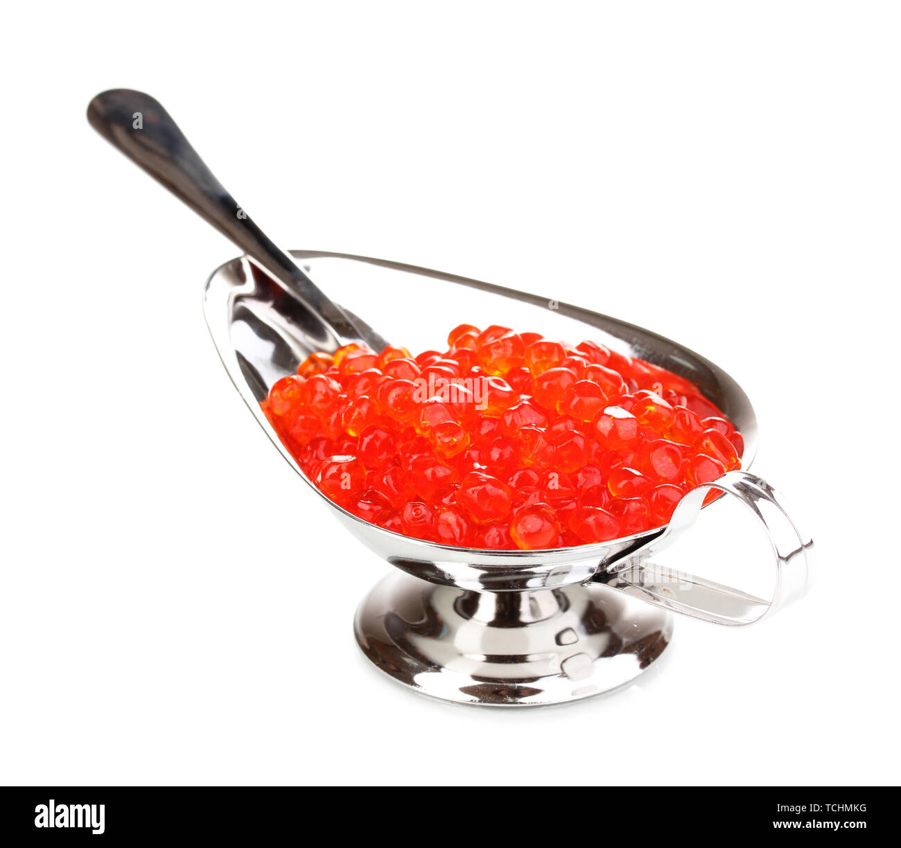 Red caviar in silver bowl isolated on white Stock Photo - Alamy