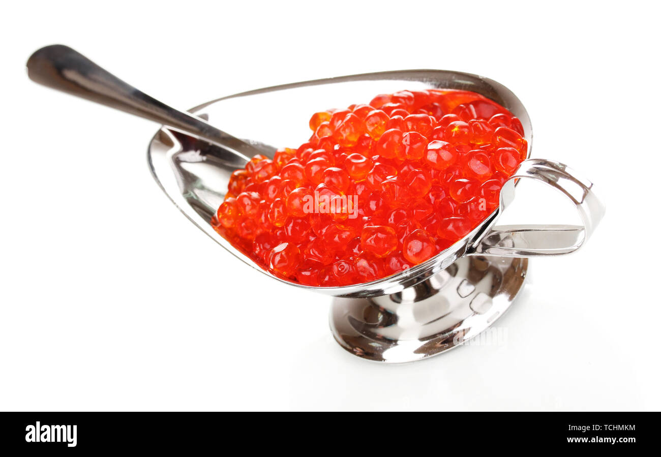 Red caviar in silver bowl isolated on white Stock Photo - Alamy