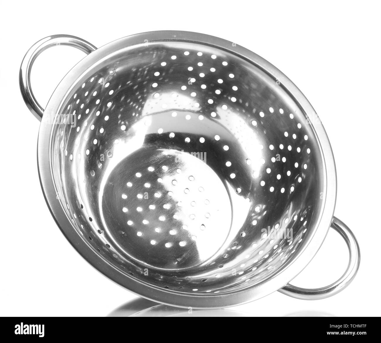 empty silver colander isolated on white Stock Photo - Alamy