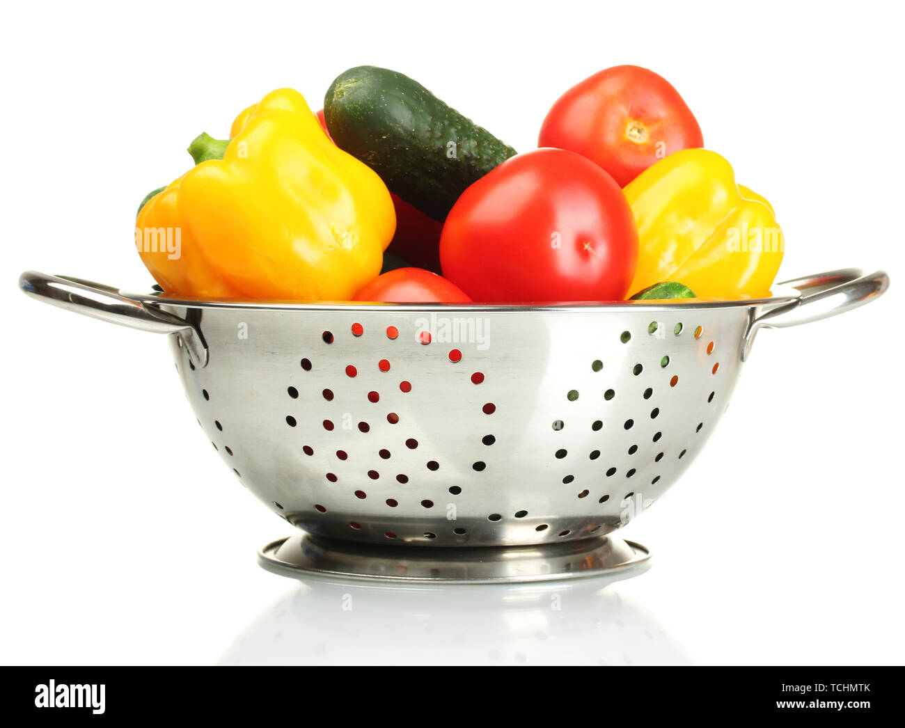 fresh vegetables in silver colander isolated on white Stock Photo - Alamy