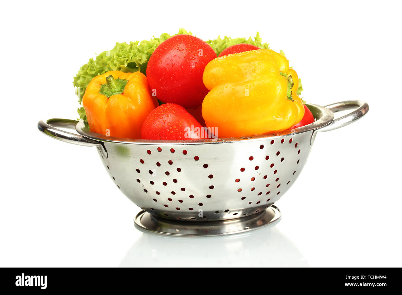 fresh vegetables in silver colander isolated on white Stock Photo - Alamy