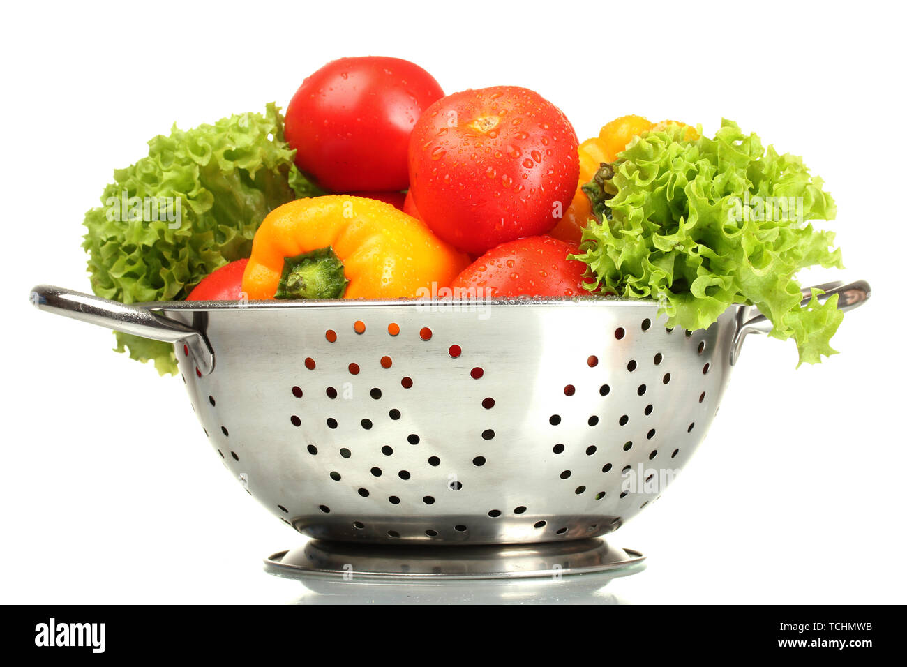 fresh vegetables in silver colander isolated on white Stock Photo - Alamy