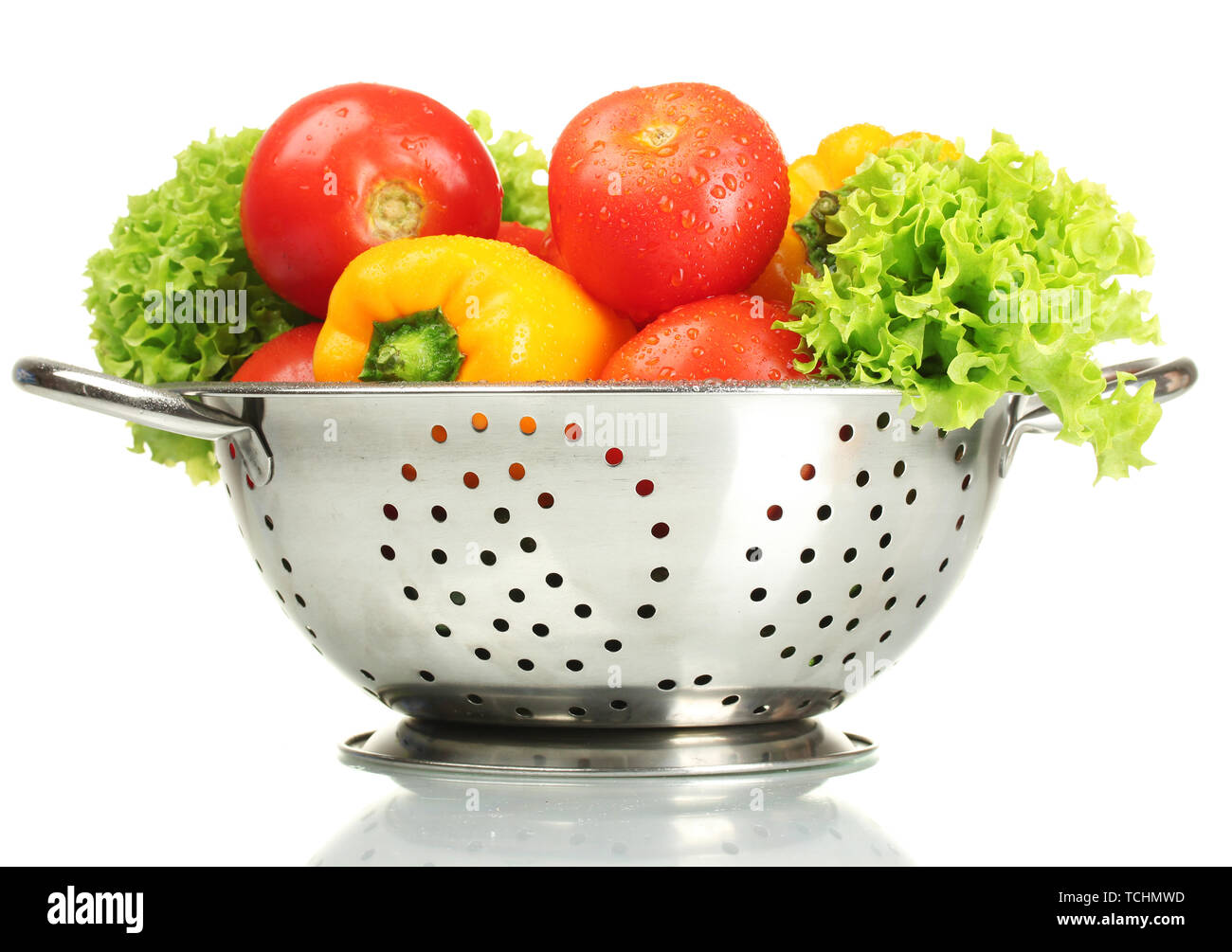fresh vegetables in silver colander isolated on white Stock Photo - Alamy