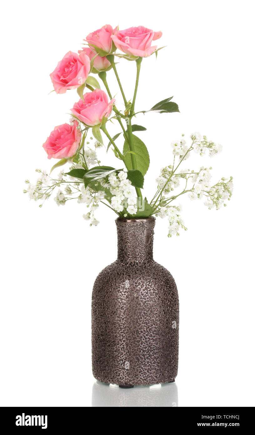 Pink roses in vase isolated on white Stock Photo - Alamy