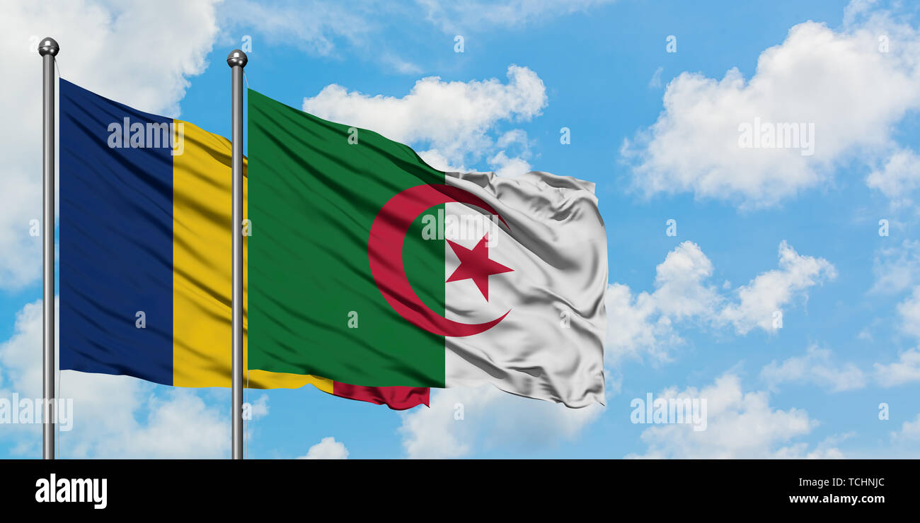 Chad and Algeria flag waving in the wind against white cloudy blue sky ...
