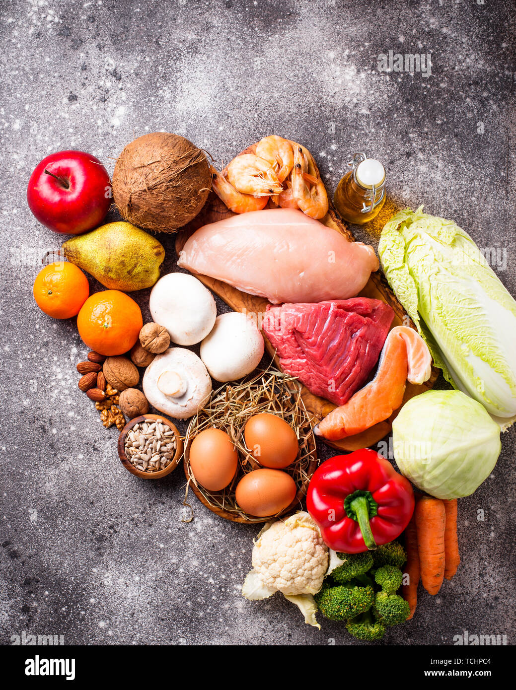 Paleo diet. Healthy high protein and low carbohydrate products Stock ...