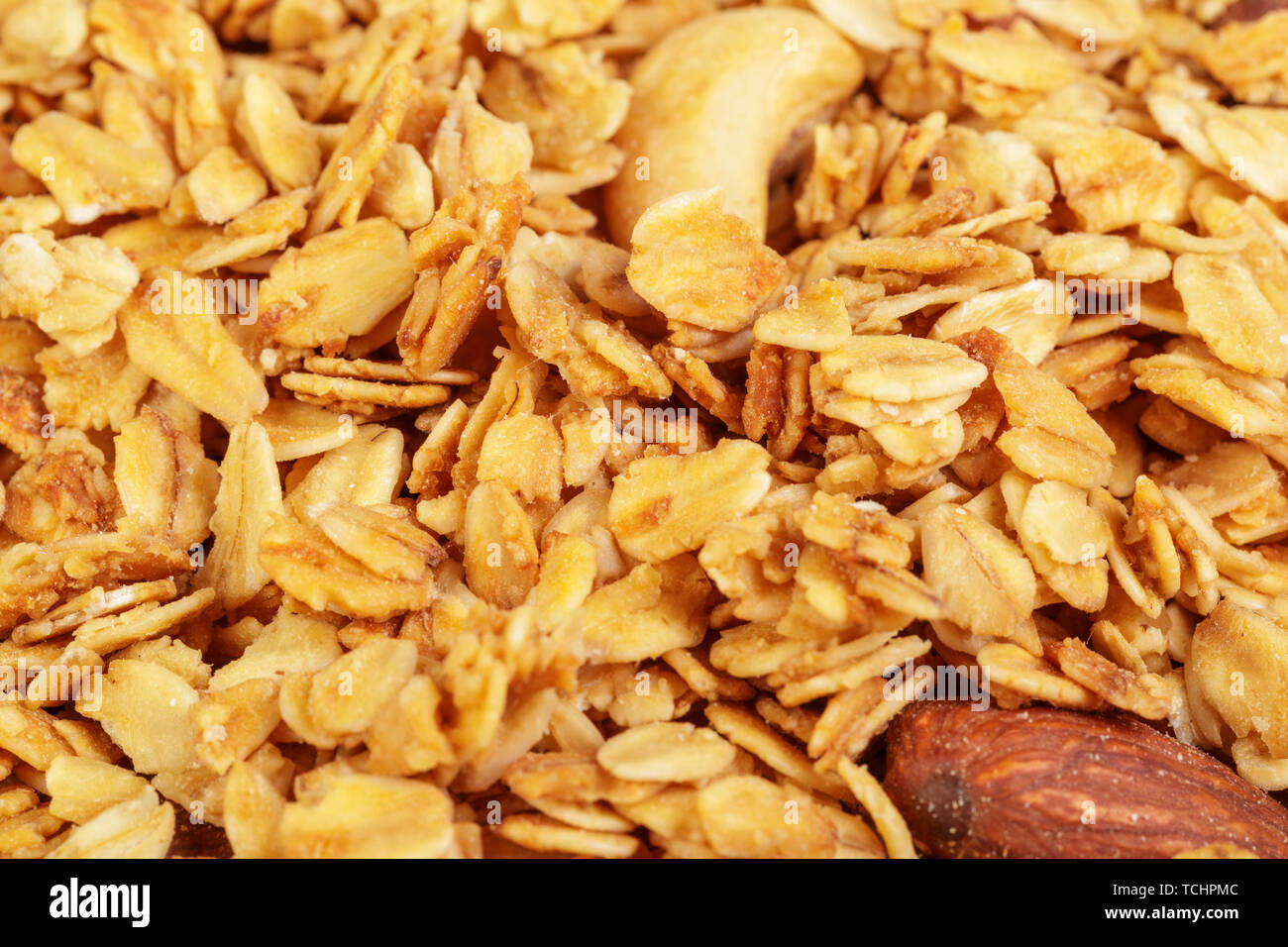 Homemade roasted granola on baking sheet breakfast food background ...