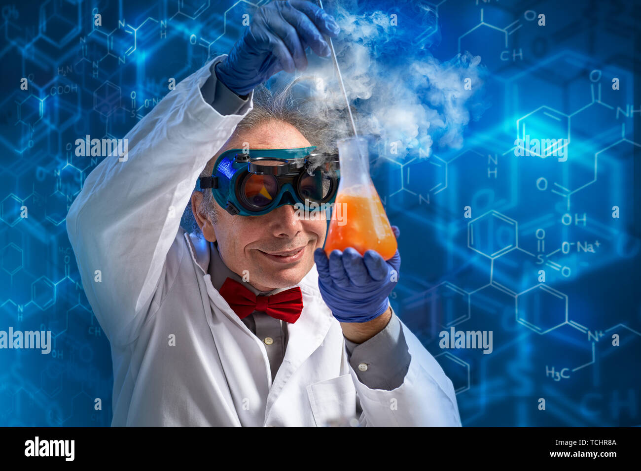 wacky professor with a sample which is just about to explode over ...