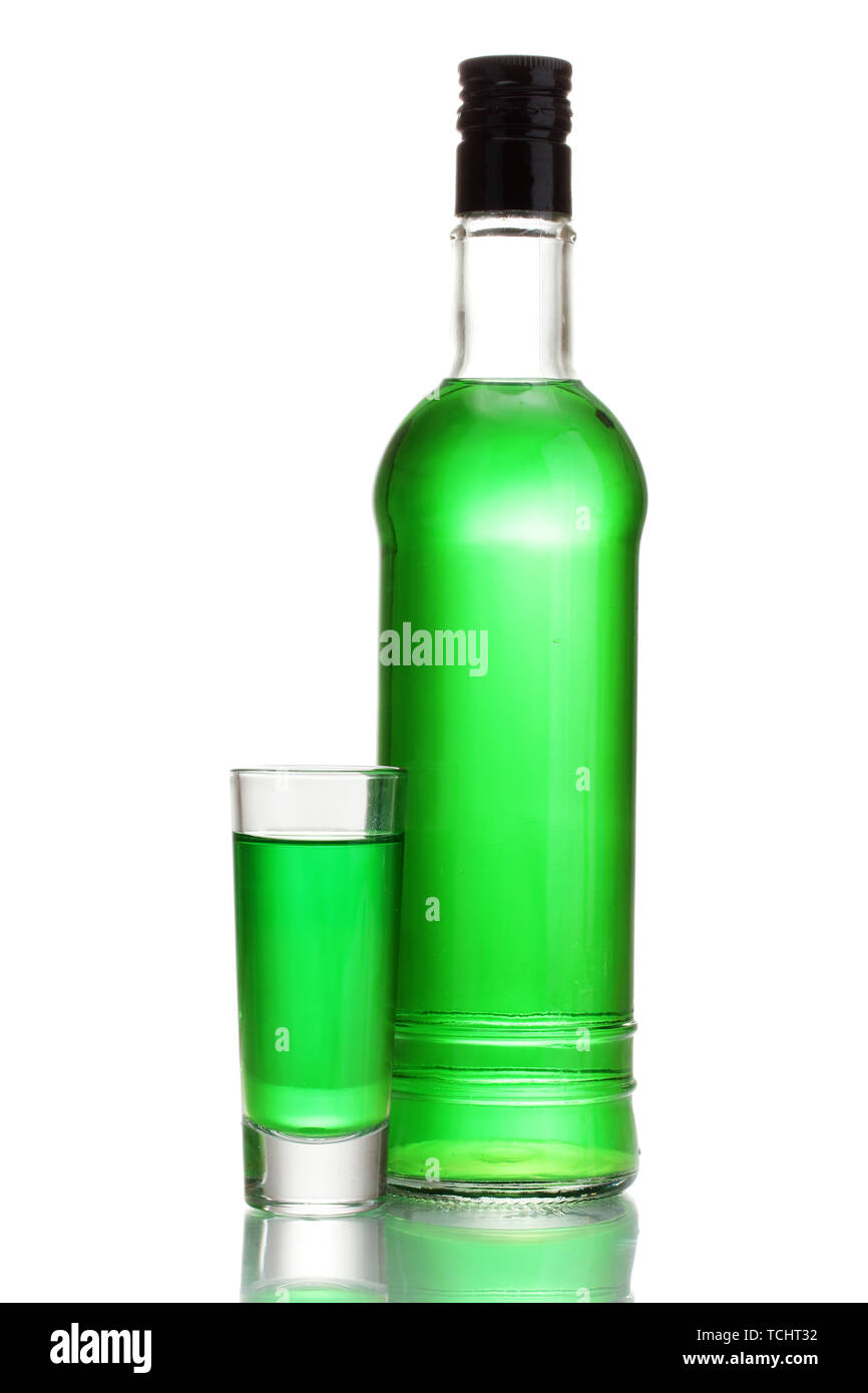 bottle and glass of absinthe isolated on white Stock Photo - Alamy